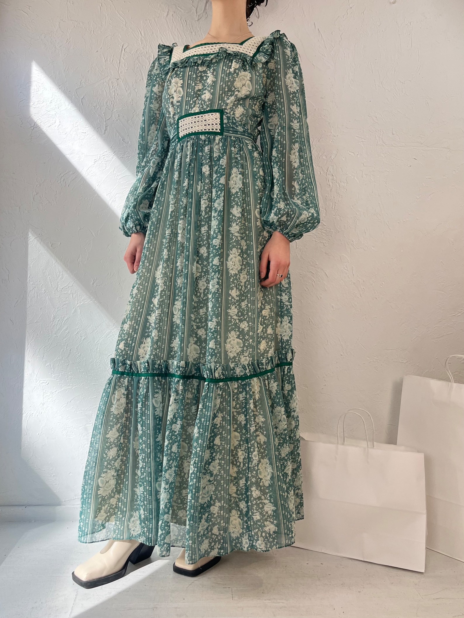 70s 'candi Jones' Green Romantic Cottage Core Peasant Prairie Maxi ...