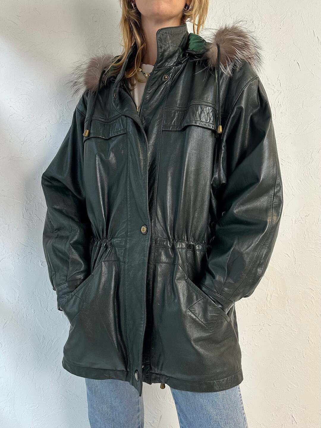 Y2k 'new Trend' Green Leather Drawstring Jacket / Medium - Etsy