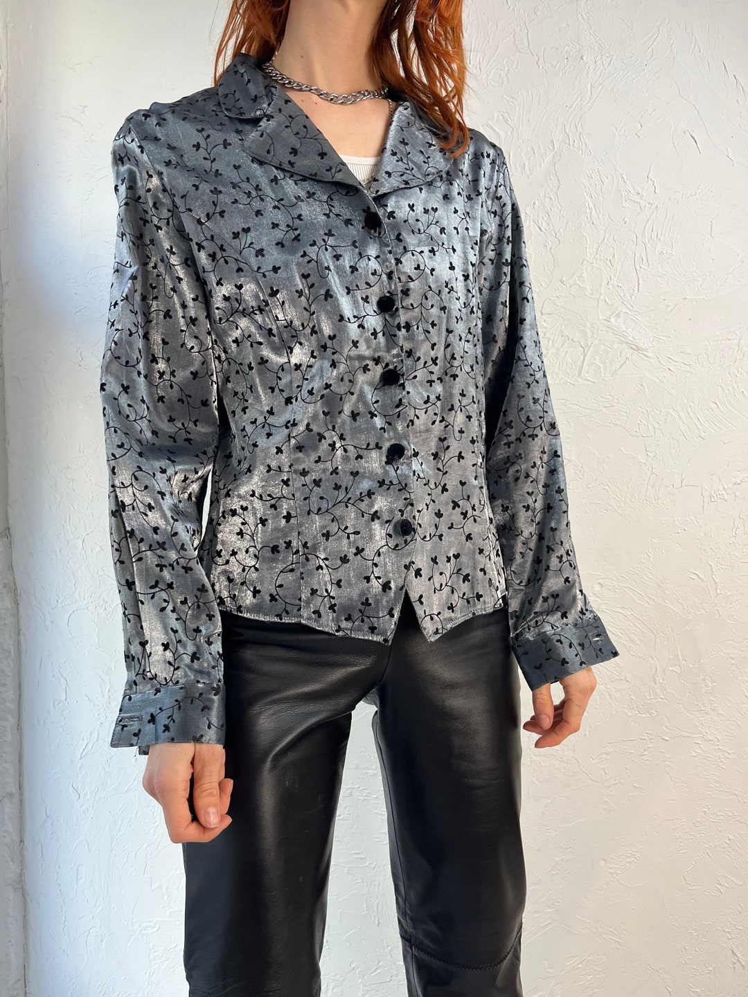 90s 'rebecca Malone' Silver Shiny Floral Blouse / Medium - Etsy