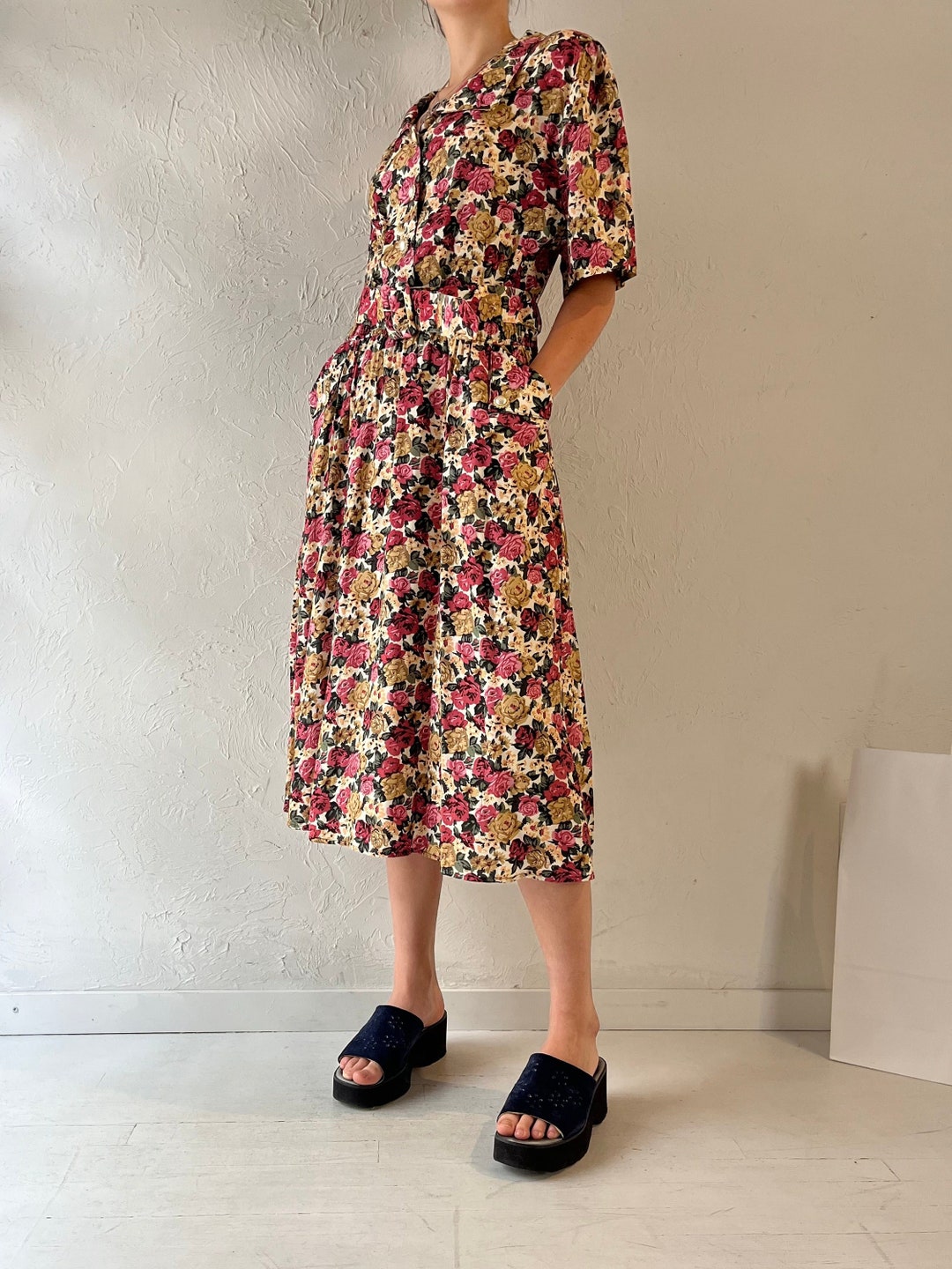90s 'rose' Collared Floral Print Dress / Large - Etsy