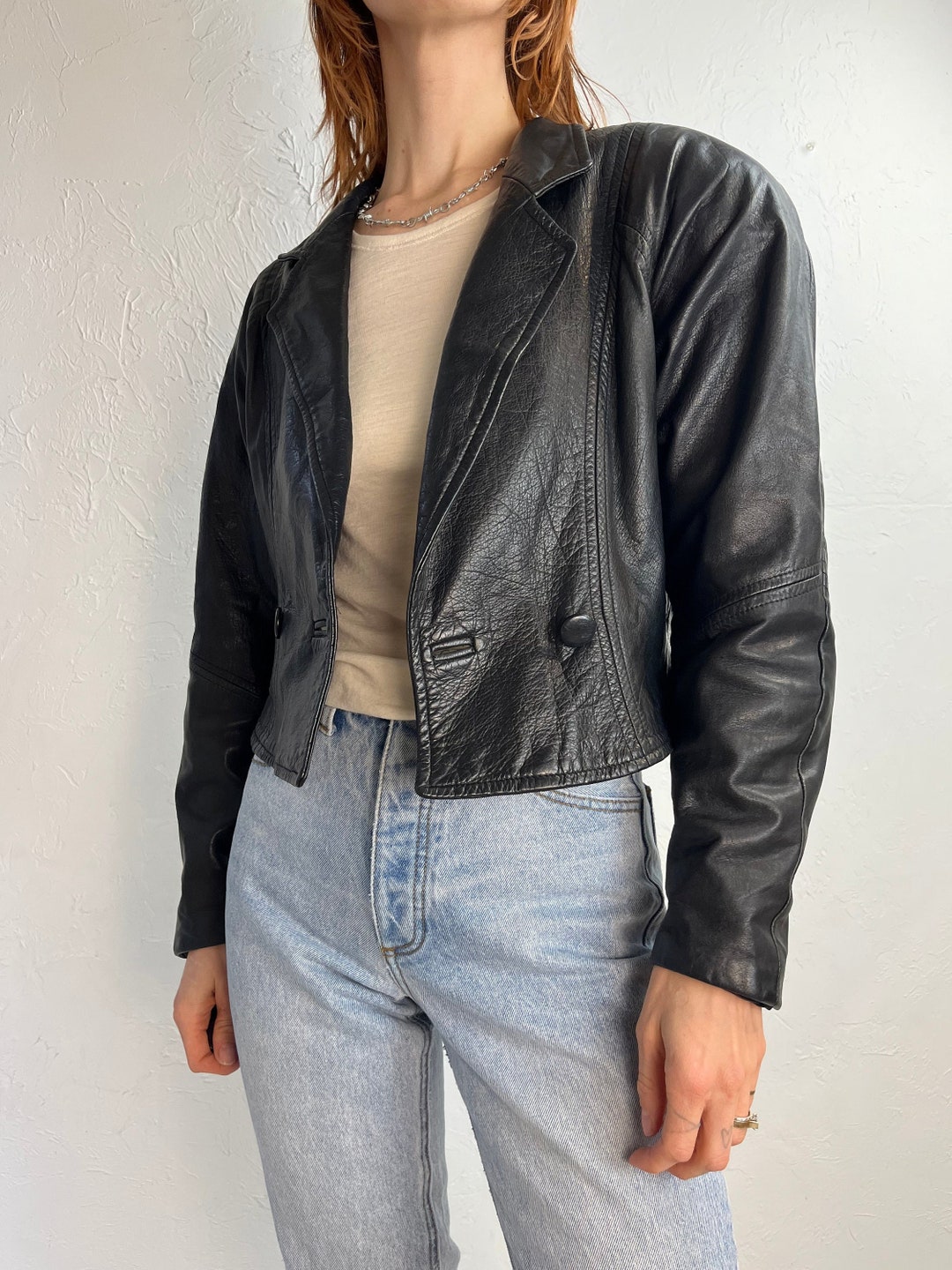80s 90s 'danier' Black Leather Cropped Bomber Jacket / - Etsy