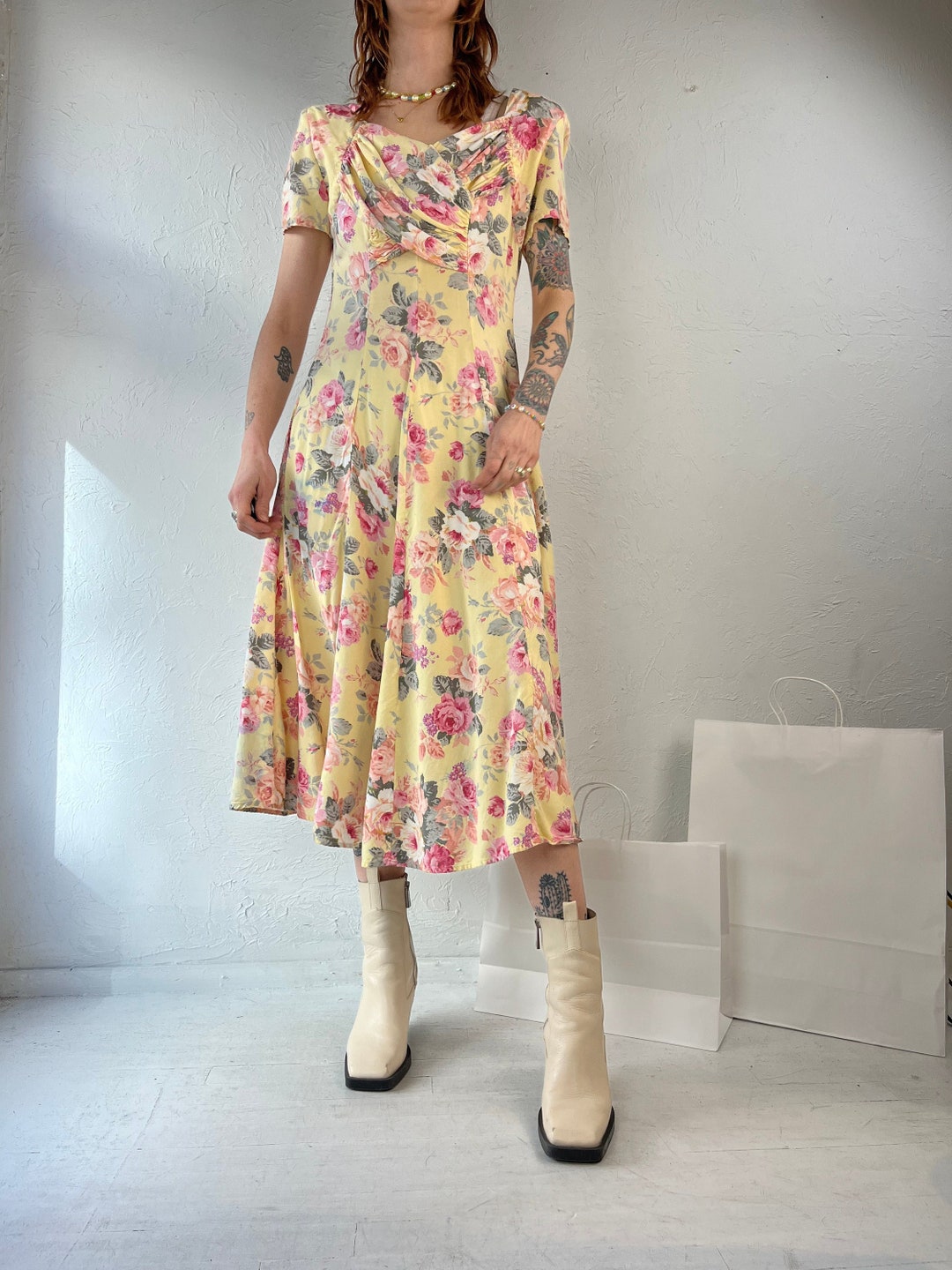 90s 'QPS' Yellow Floral Print Rayon Day Dress / Small - Etsy