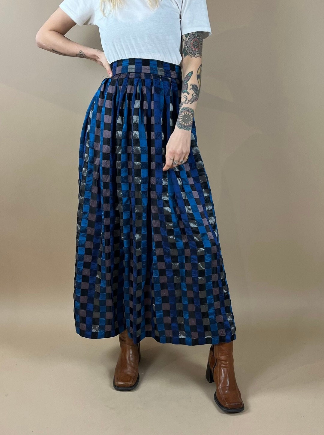 80s Checker Board Print Maxi Skirt / Long Flowy Hippie Skirt / Small - Etsy