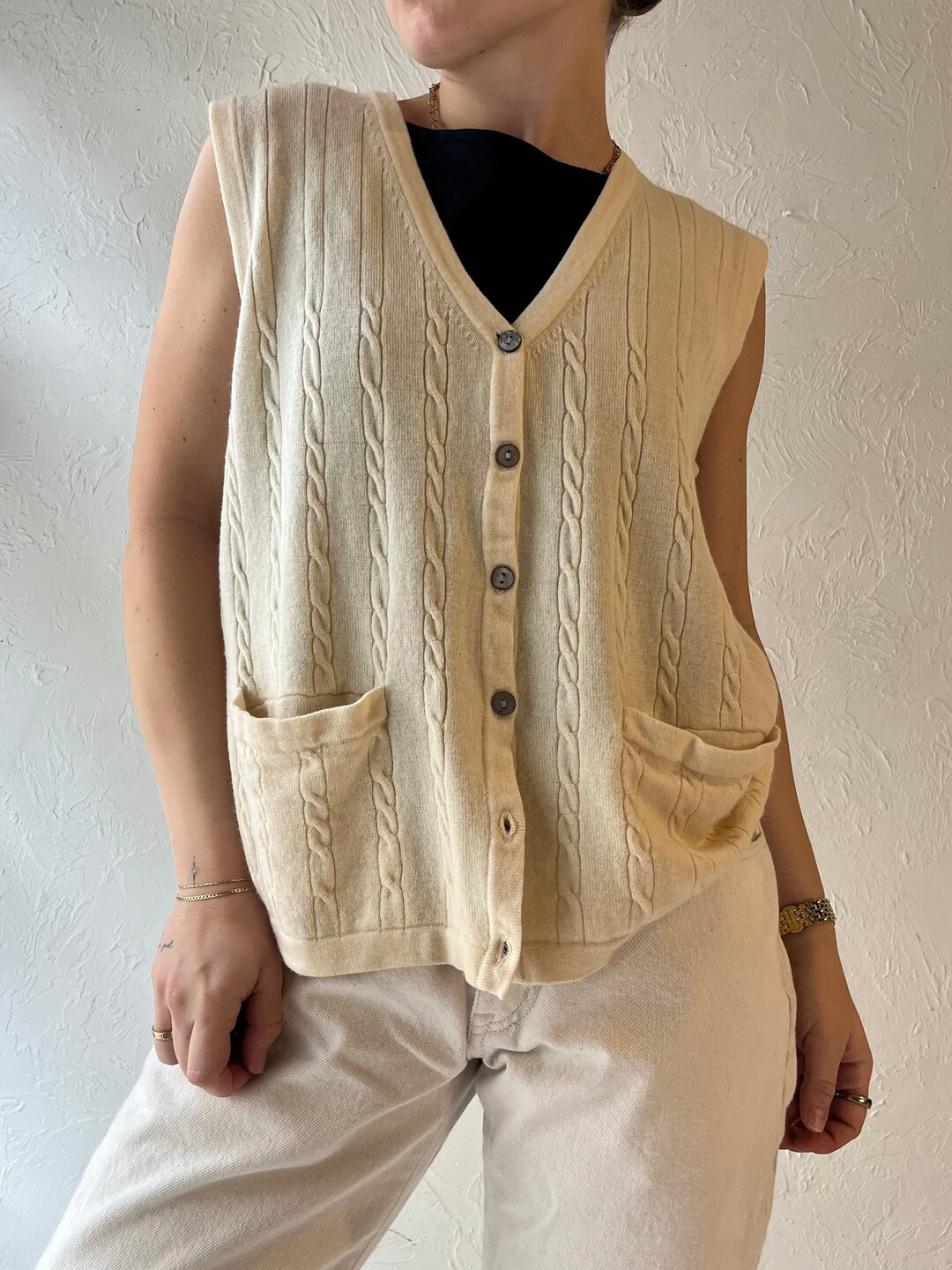 Y2k 'tabi' Cream Cable Knit Wool Vest / Large - Etsy