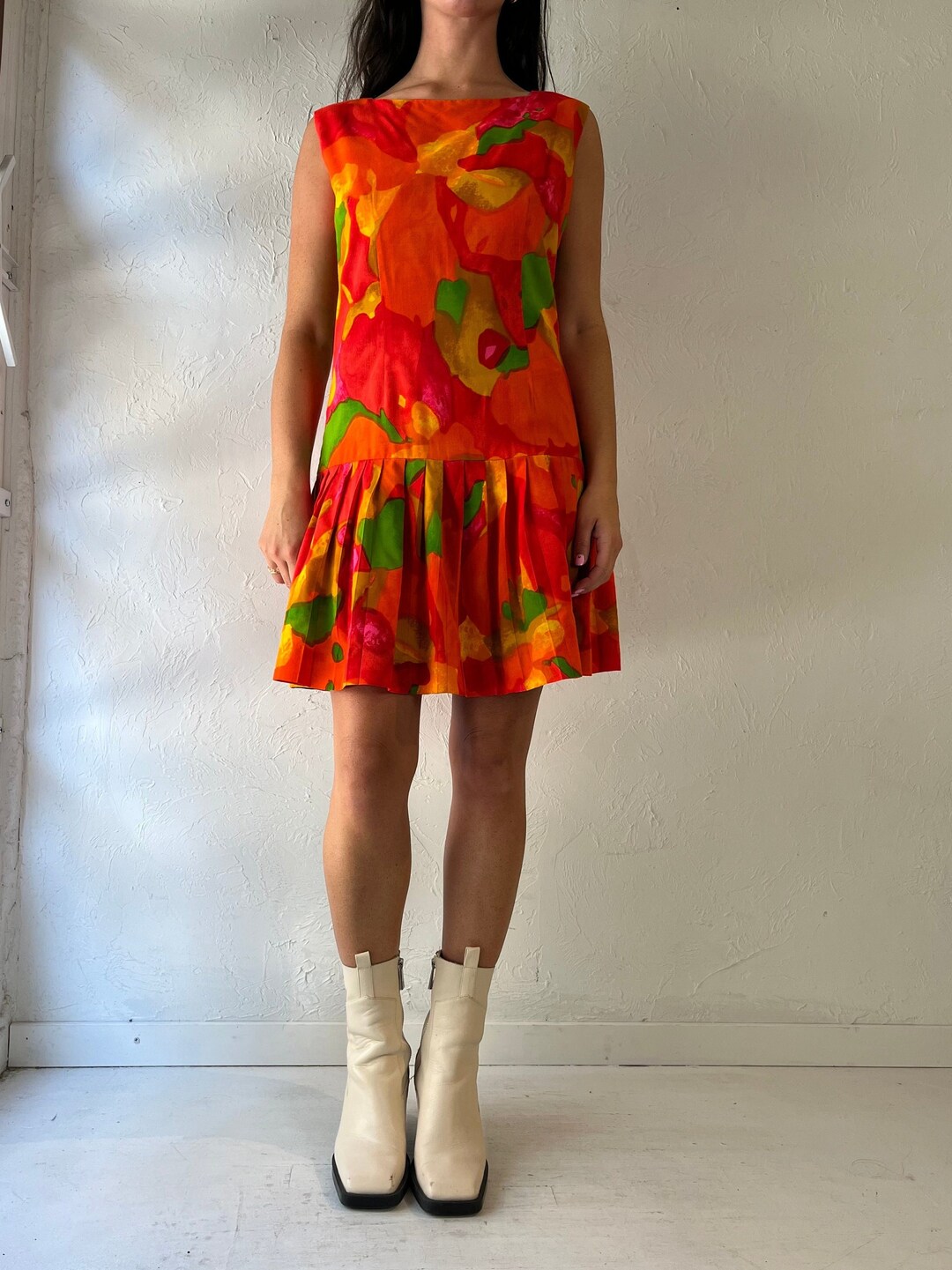 80s 'alice' Neon Floral Drop Waist Dress / Medium - Etsy