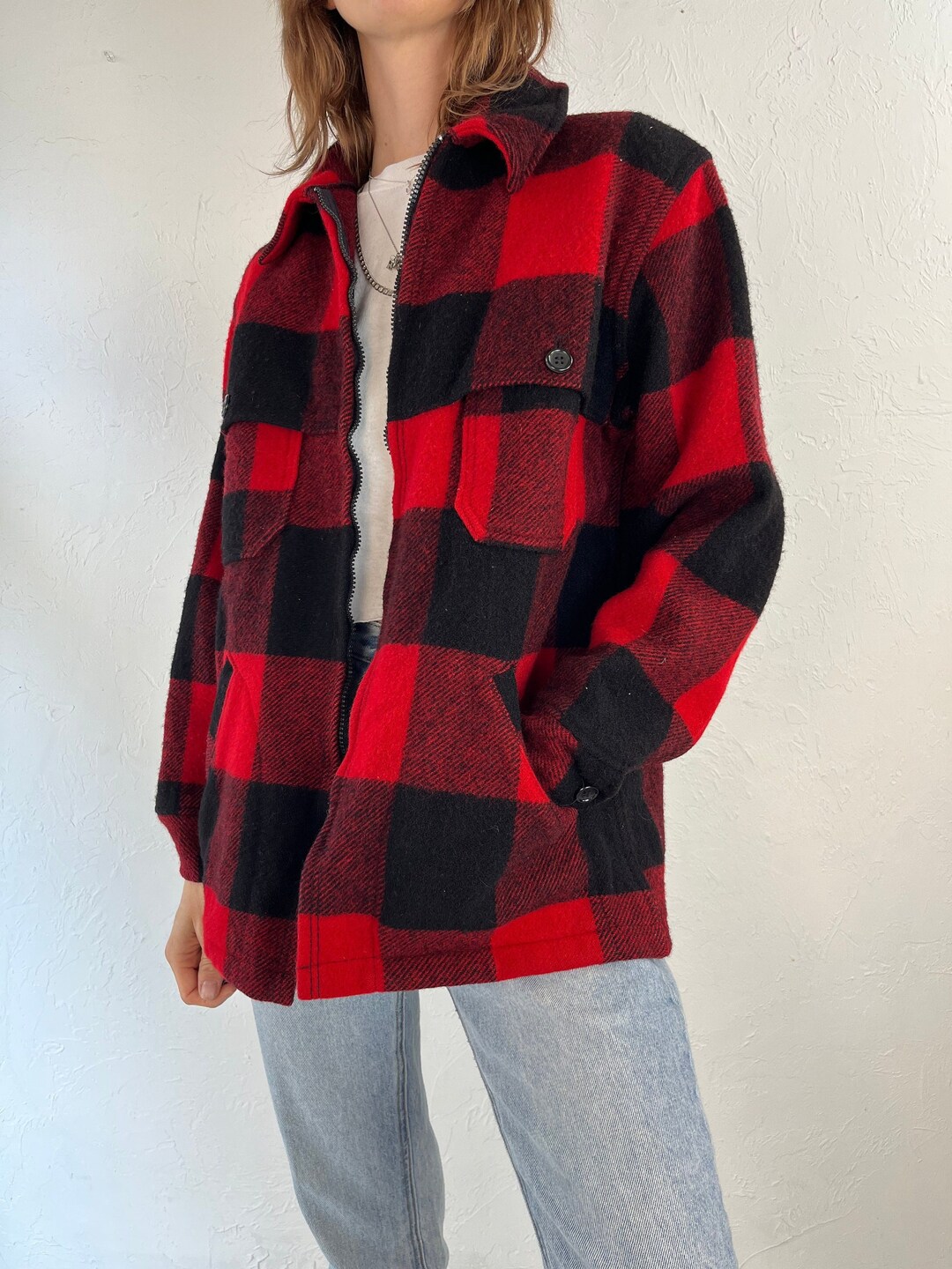 90s 'woolrich' Red Plaid Wool Nylon Jacket / Small - Medium - Etsy