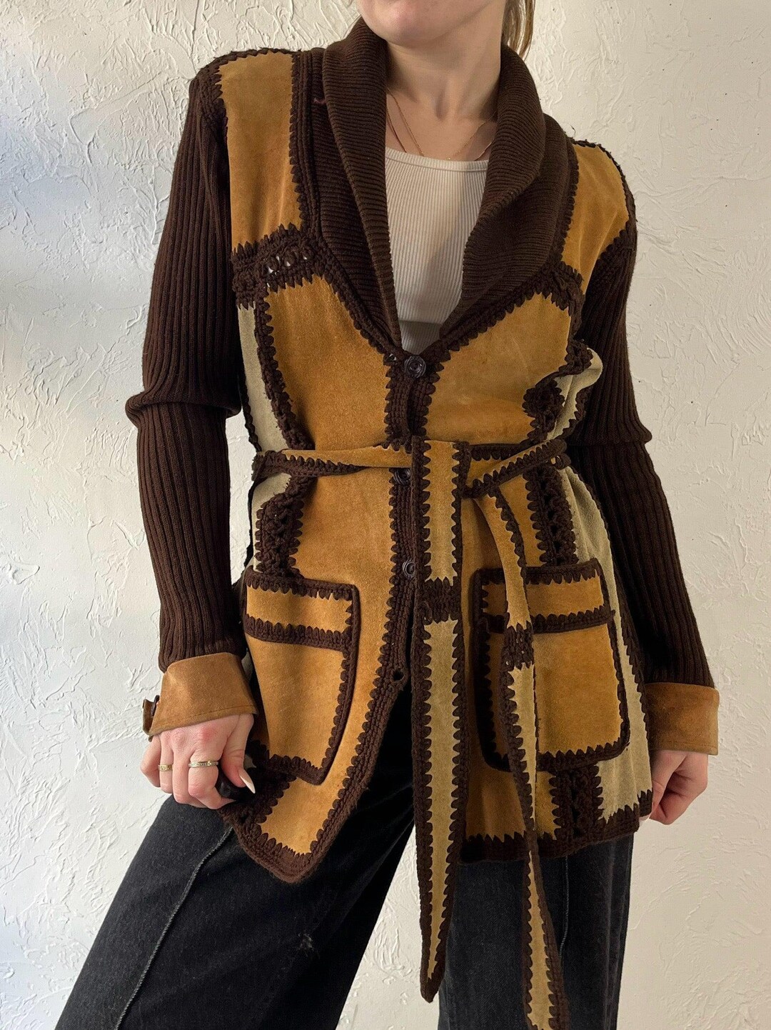 70s high Fashion Knit Suede Cardigan / Medium - Etsy