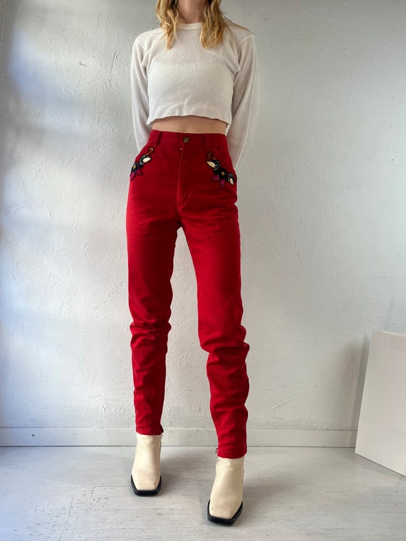 90s 'Escada' Red Beaded Jeans / Small - Gem