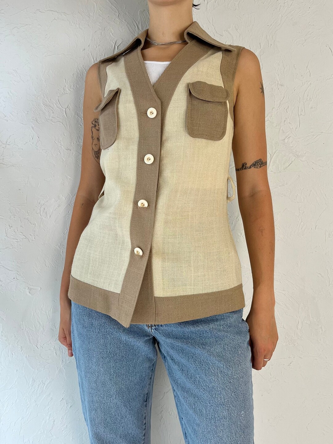80s 'lee Parker' Two Tone Beige Vest Top / Small - Etsy