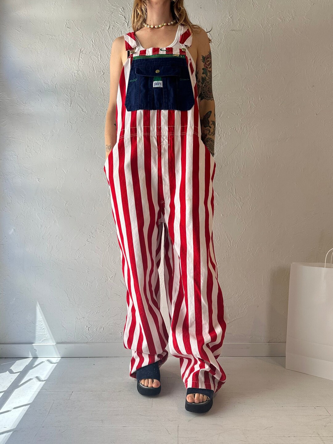 Y2k 'liberty' Striped Denim Overalls / XL - Etsy