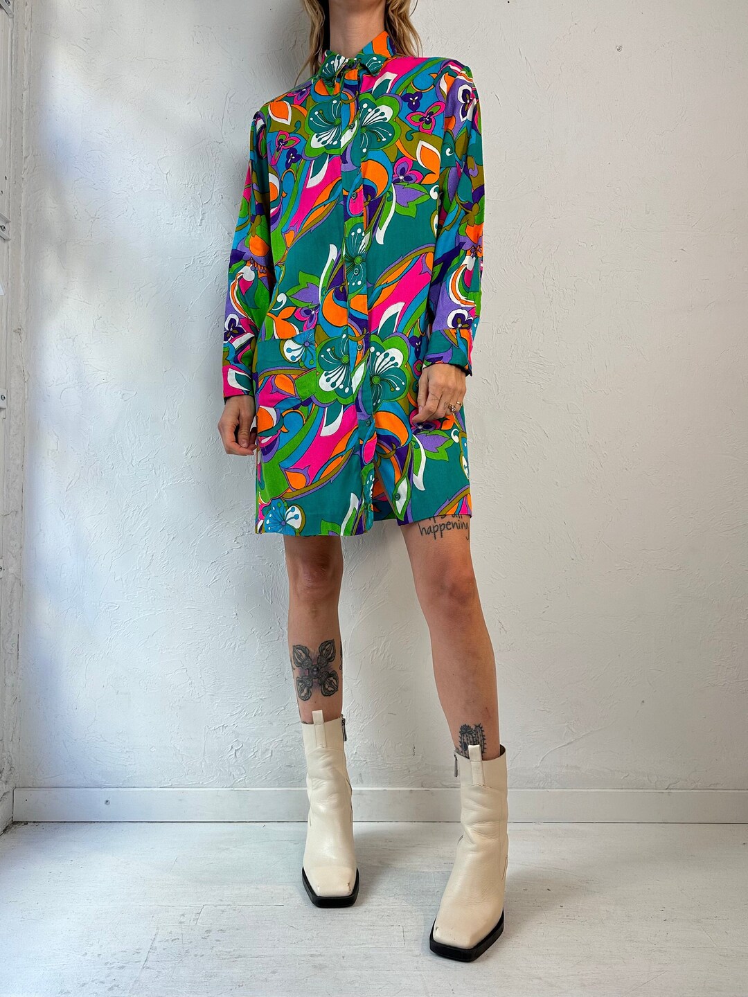 70s 'intimate Apparel' Retro Pattern Long Sleeve Dress - Etsy