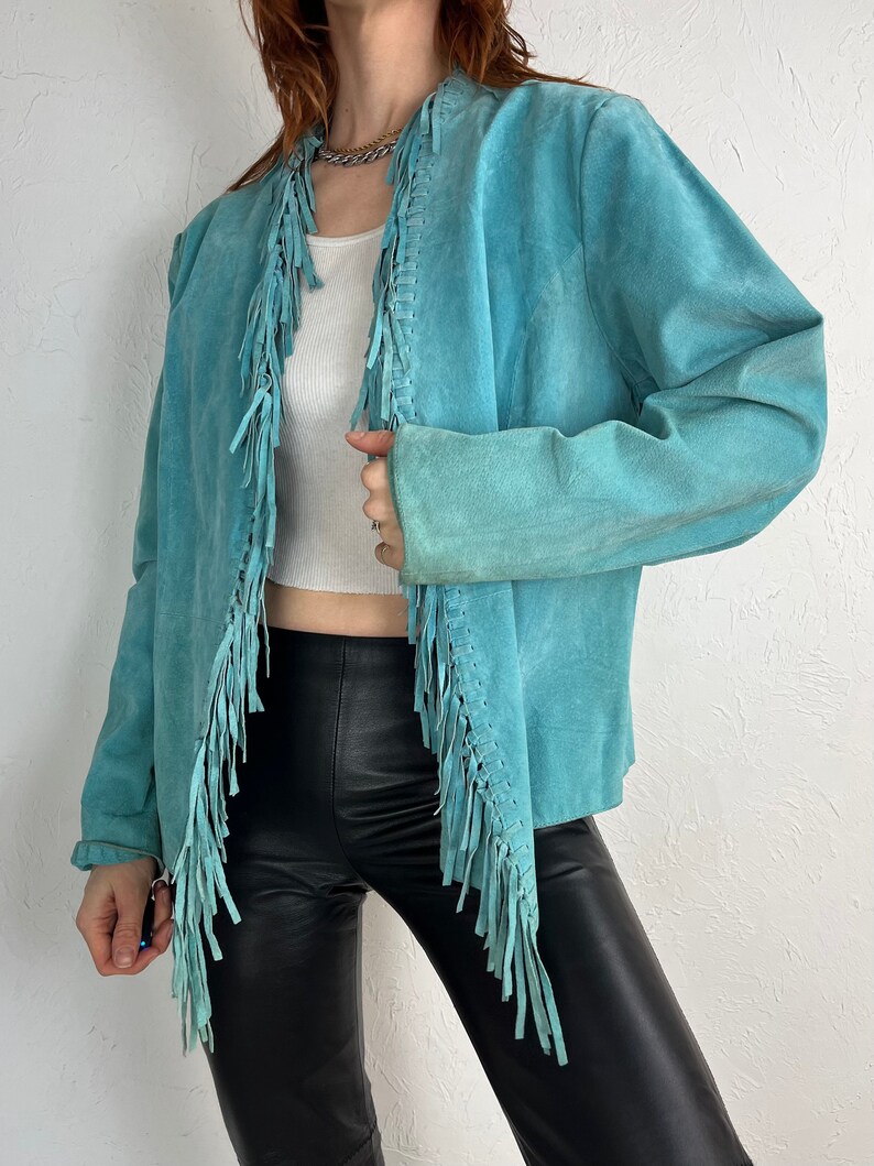 Y2K 'dialogue' Baby Blue Suede Fringe Jacket / Large - Etsy