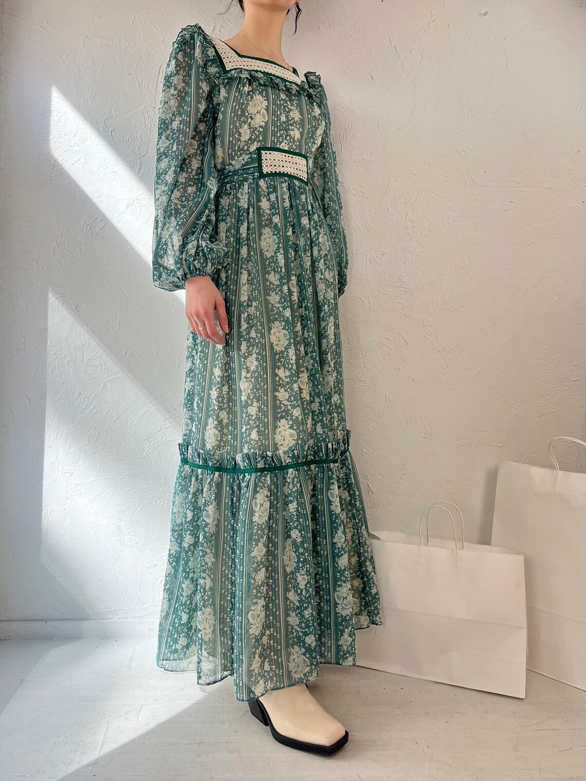70s 'candi Jones' Green Romantic Cottage Core Peasant Prairie Maxi ...