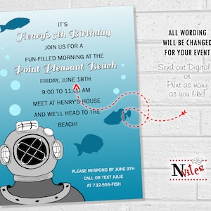 Aquarium Birthday Party, Printable Scuba Diver Invite With Fish, Ocean ...