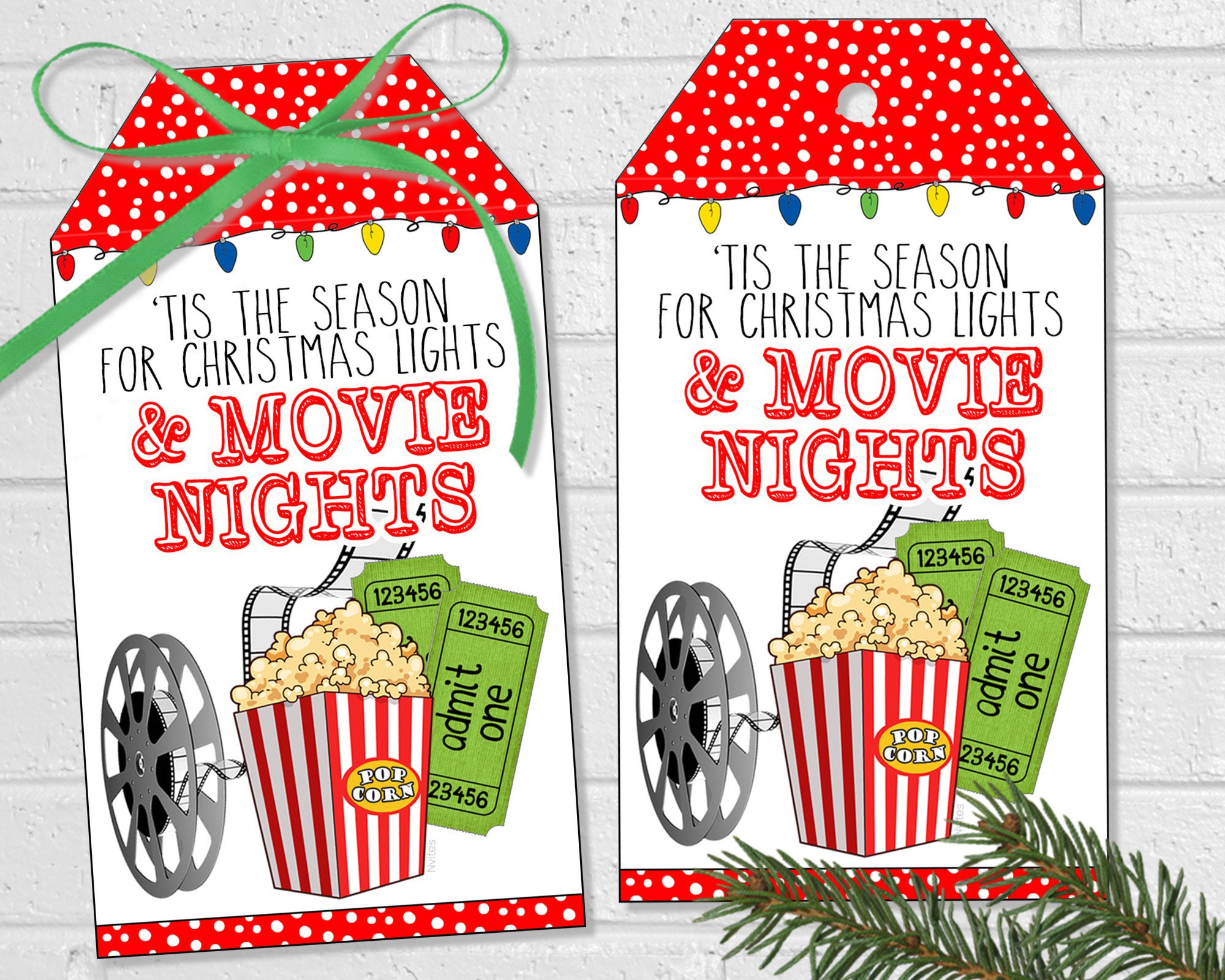 Christmas Movie Night Gift Card Tags: Printable Holiday Lights Design ...