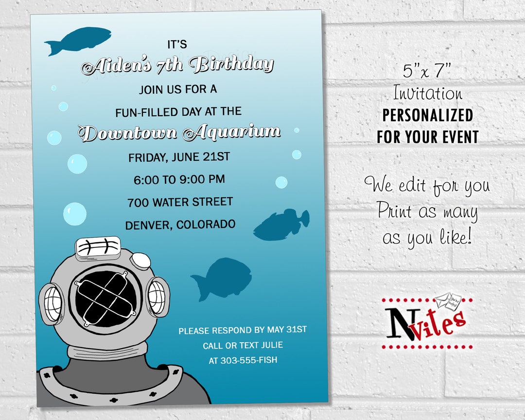 Aquarium Birthday Party, Printable Scuba Diver Invite With Fish, Ocean ...