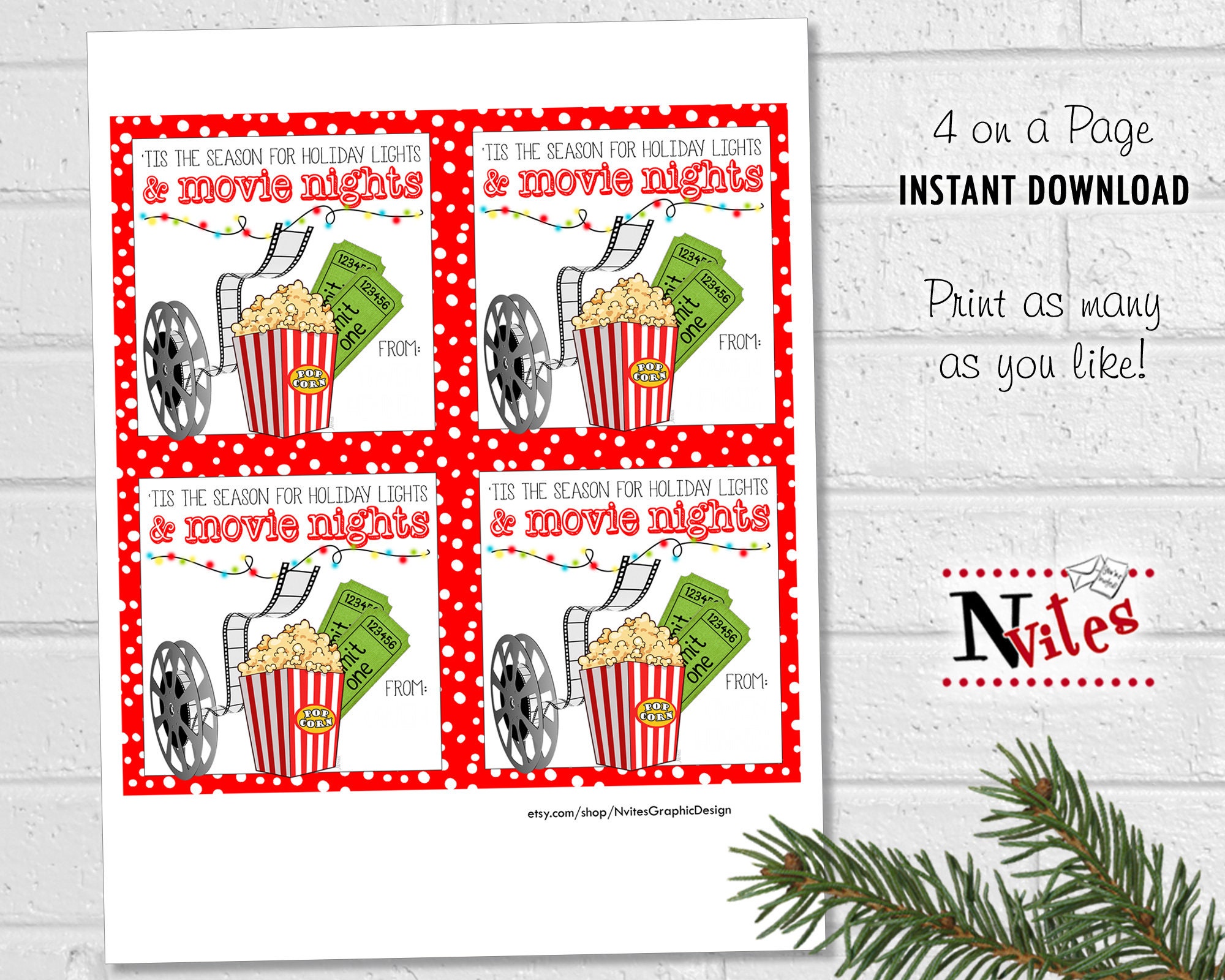 Holiday Movie Gift Card Tags Movie Night Gift Teacher Movie | Etsy