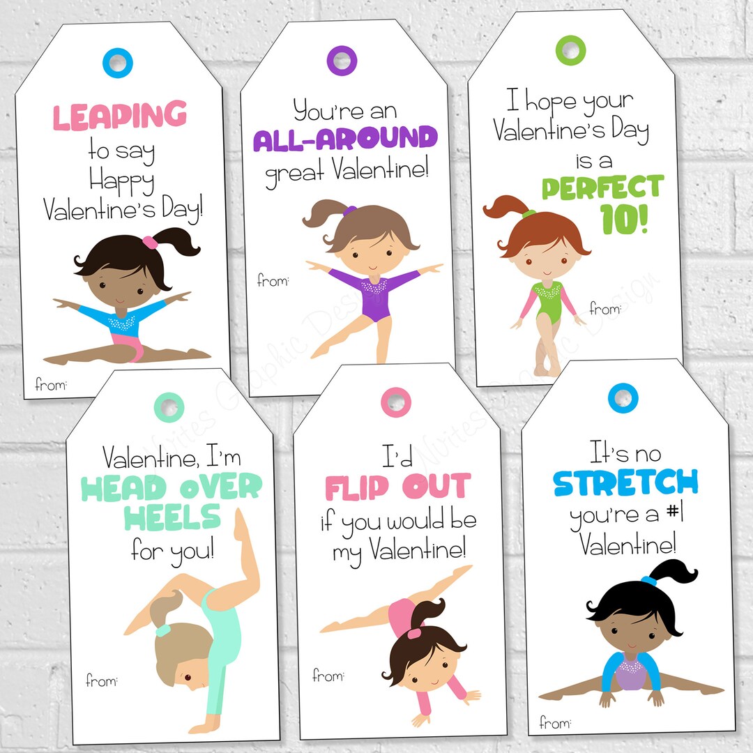 Gymnastics Valentine Tags, Printable Gymnast Treat Tags and Goodie Bag ...