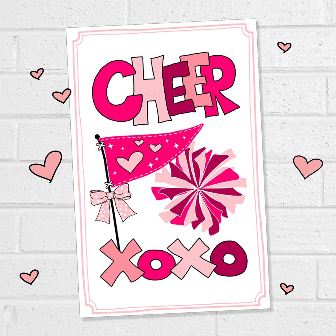 Valentine Cheerleading Cards, Pink Spreading Cheer XOXO Printable Cheer ...