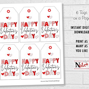 Happy Valentine's Day Printable Tags, Digital Download Card With Hearts ...