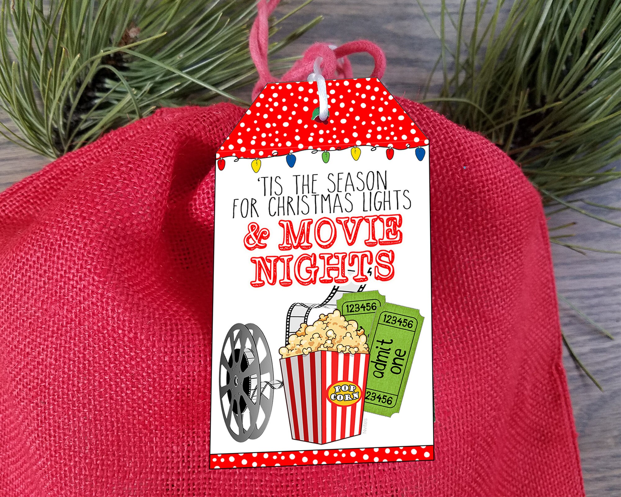 Christmas Movie Night Gift Card Tags: Printable Holiday Lights Design ...
