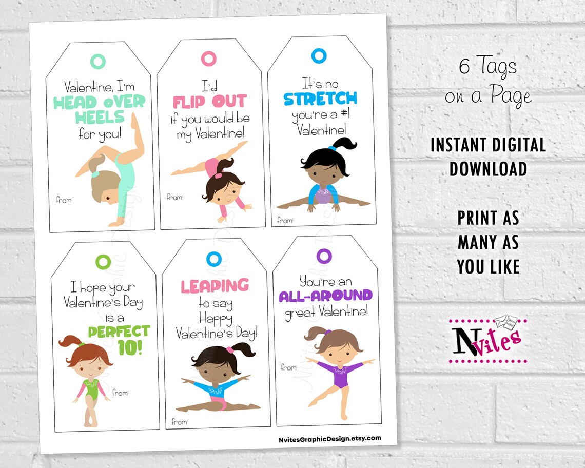 Gymnastics Valentine Tags, Printable Gymnast Treat Tags and Goodie Bags ...