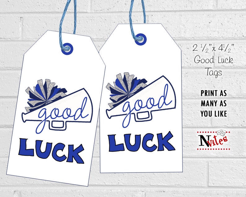 Cheerleading Good Luck Tags, Blue Poms, Spirit Squad Treat Labels ...