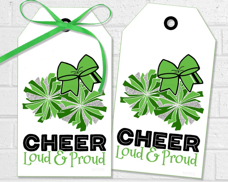 Cheer Loud & Proud Favor Tags, Green Poms, Spirit Squad (digital ...