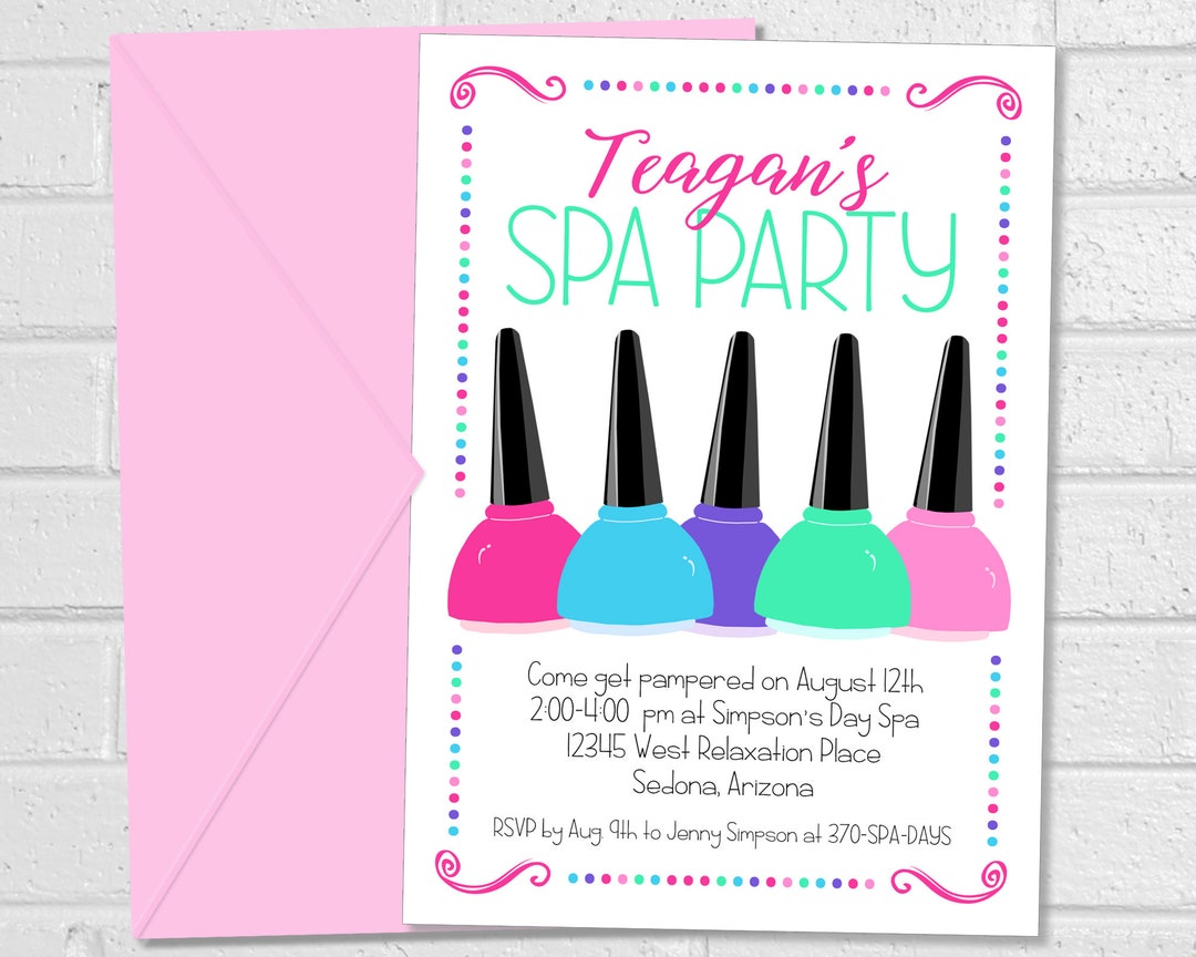 Mani Pedi Party Invite, Girls Spa Birthday Activity, Colored Nail ...
