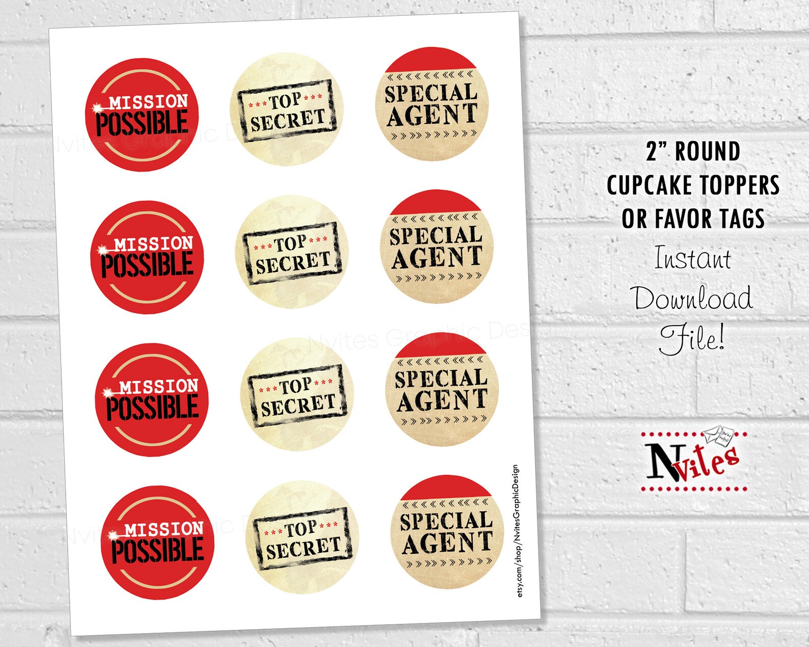 Printable Spy Cupcake Toppers, Secret Agent Party Tags (digital ...