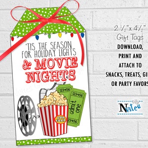 Holiday Movie Gift Card Tags, Christmas Movie Night Gift, Teacher Thank ...