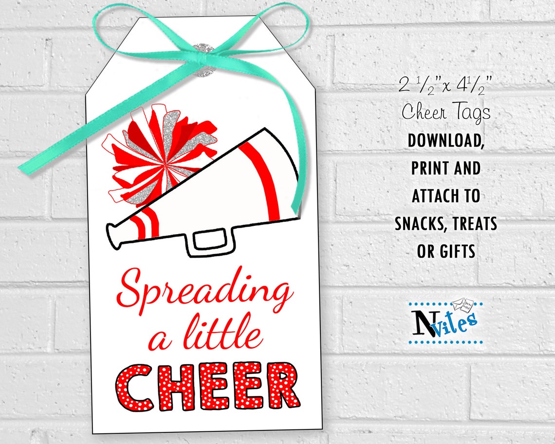 Spreading Cheer Treat Tags, Red White Silver Poms, Team Gift (printable ...