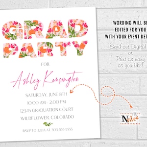 Flowered Graduation Party Invitation, Modern Floral Print Grad Party ...
