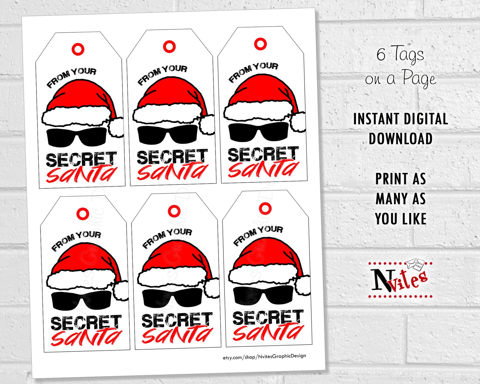 Secret Santa Gift Tags: Printable Santa Hat & Spy Glasses (digital ...