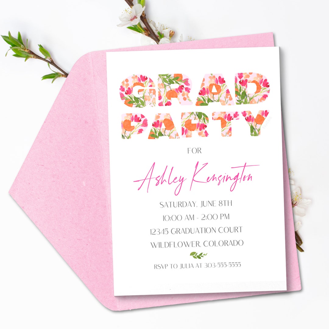 Flowered Graduation Party Invitation, Modern Floral Print Grad Party ...