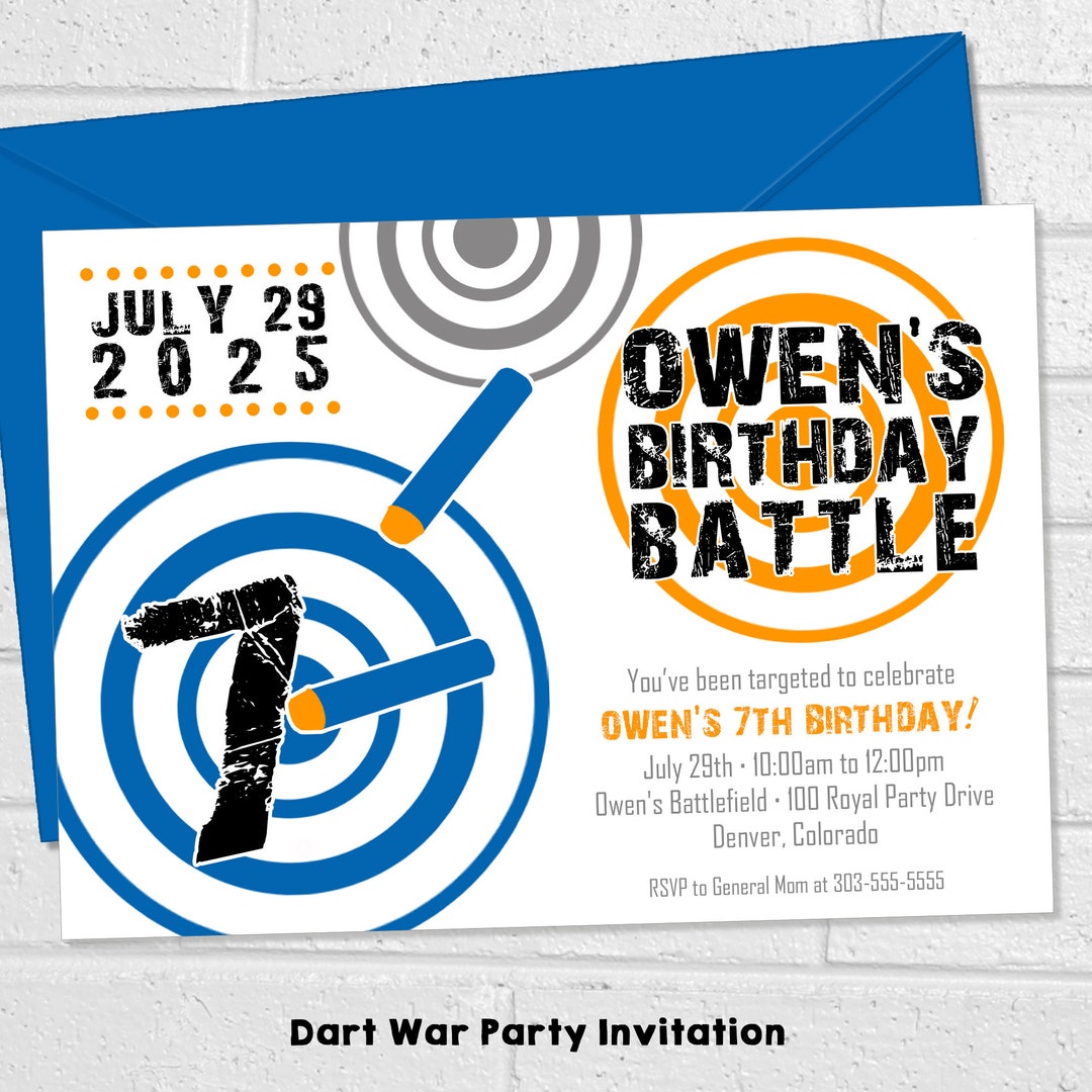 Dart Party Invitation, Dart Birthday Battle for Kids, Dart Battle Party ...