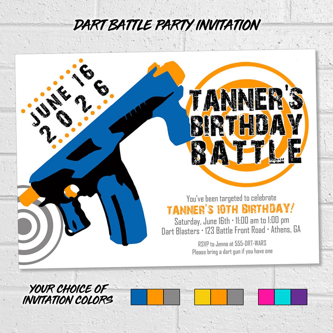 Dart Battle Party Invitation, Blaster Gun Birthday Invite, Digital Dart ...