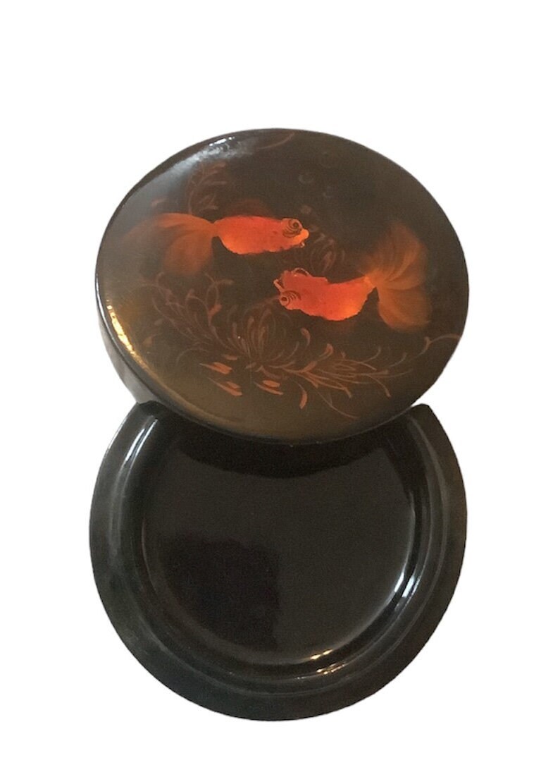 Japanese Black Lacquered Koi Fish, Goldfish Trinket Box Est. 1940s - Etsy