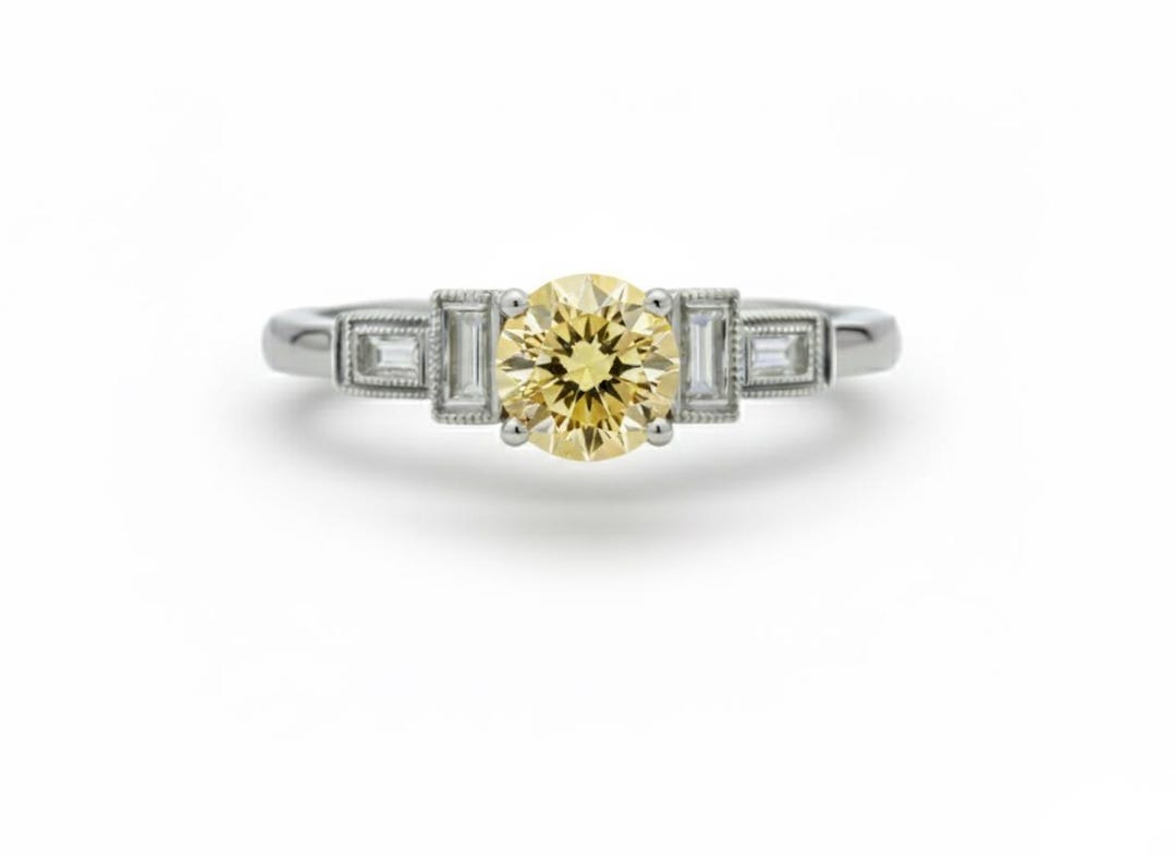 1ct Lab Grown Canary Diamond Art Deco 18k White Gold Engagement Ring ...