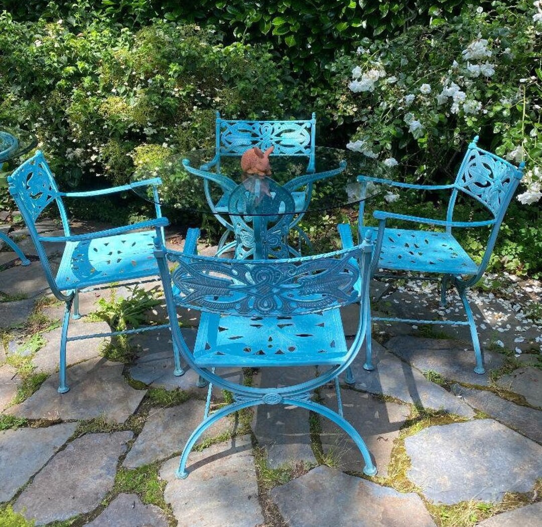 Mid-century Molla Patio Set: Teal Cast Aluminum Table & Chairs - Etsy
