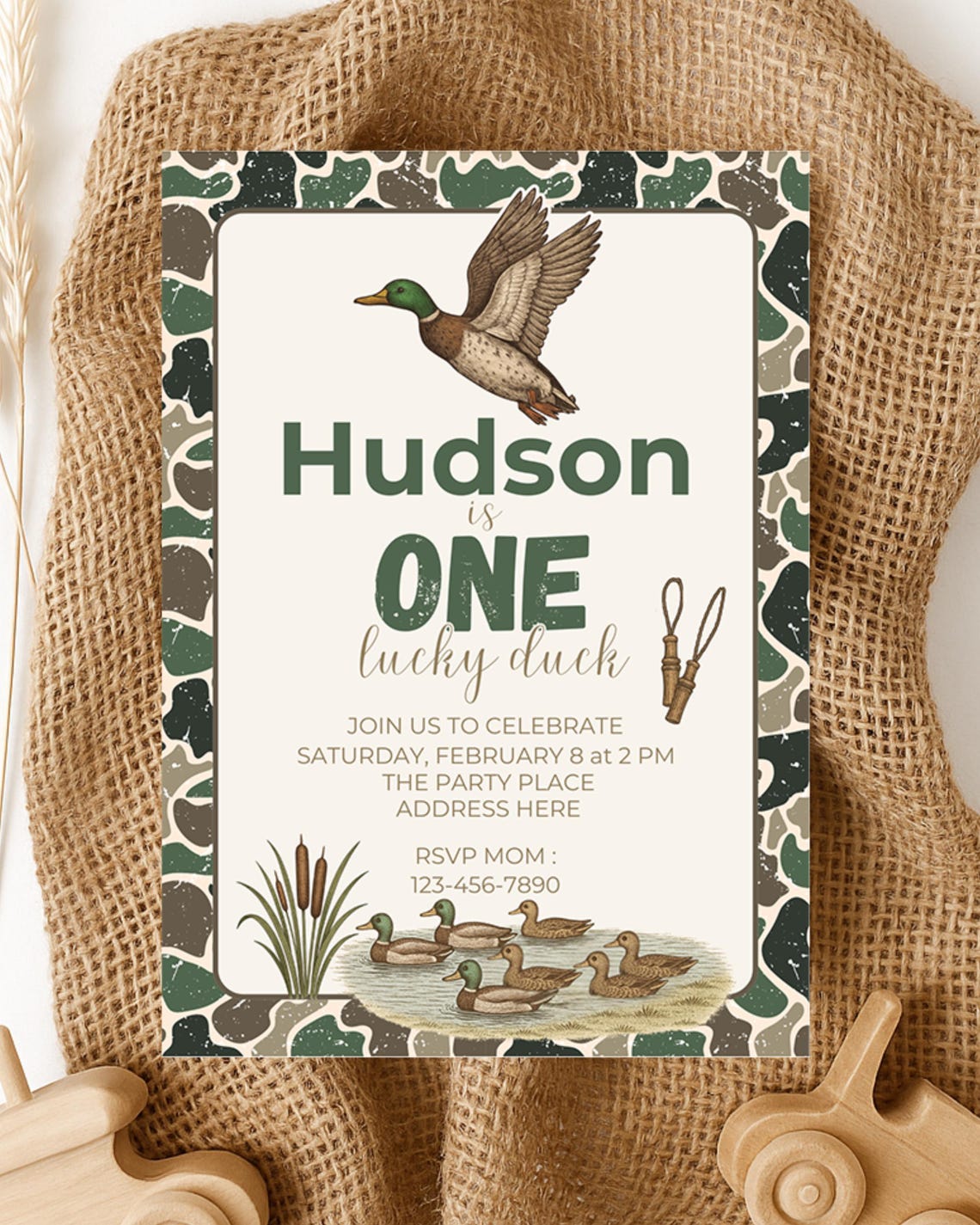 Duck Camo First Birthday Canva Template, One Lucky Duck Invite, Mallard ...