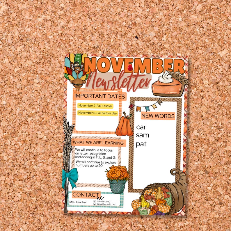 November Newsletter Template, Thanksgiving Theme Newsletter, School ...