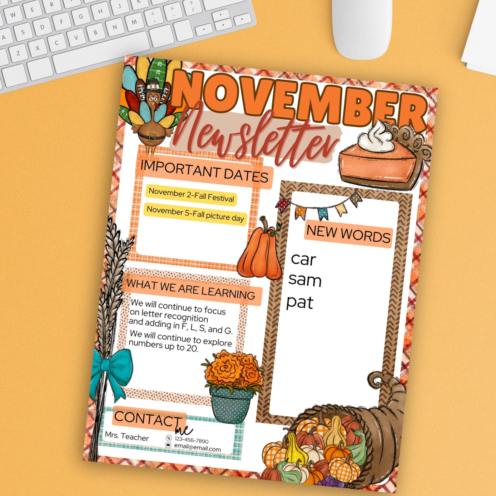 November Newsletter Template, Thanksgiving Theme Newsletter, School ...