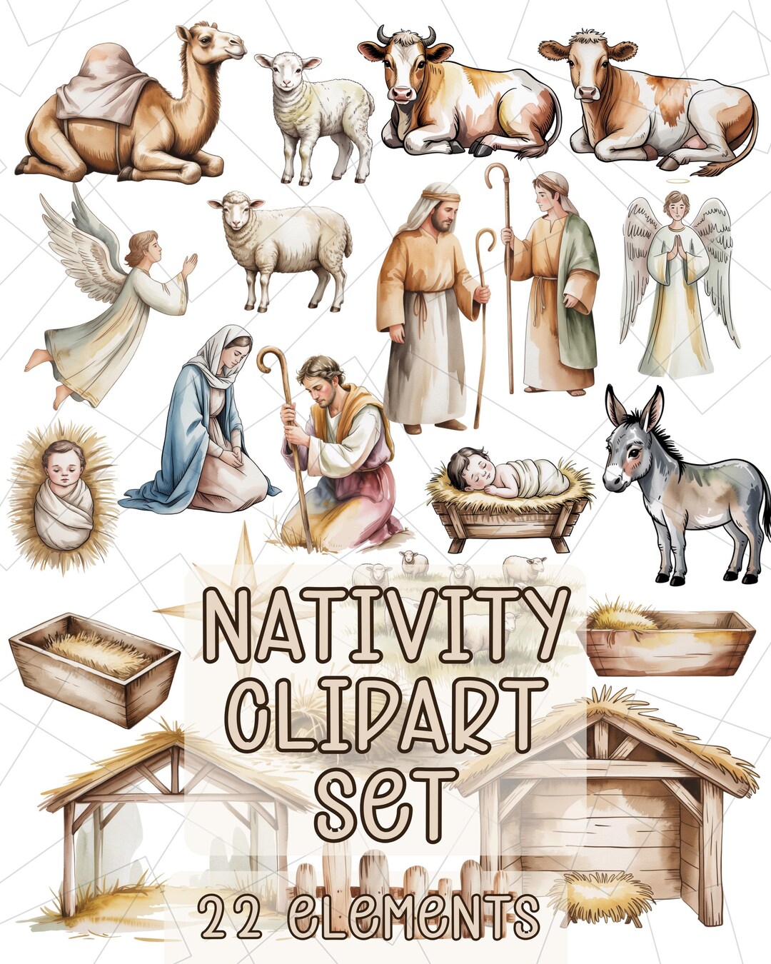 Watercolor Nativity Clipart, Sweet Christmas PNG, Rustic Holiday ...