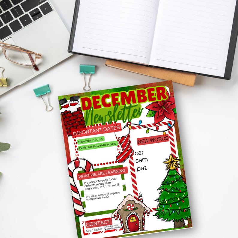 December Newsletter Template, Christmas Theme Newsletter, School ...
