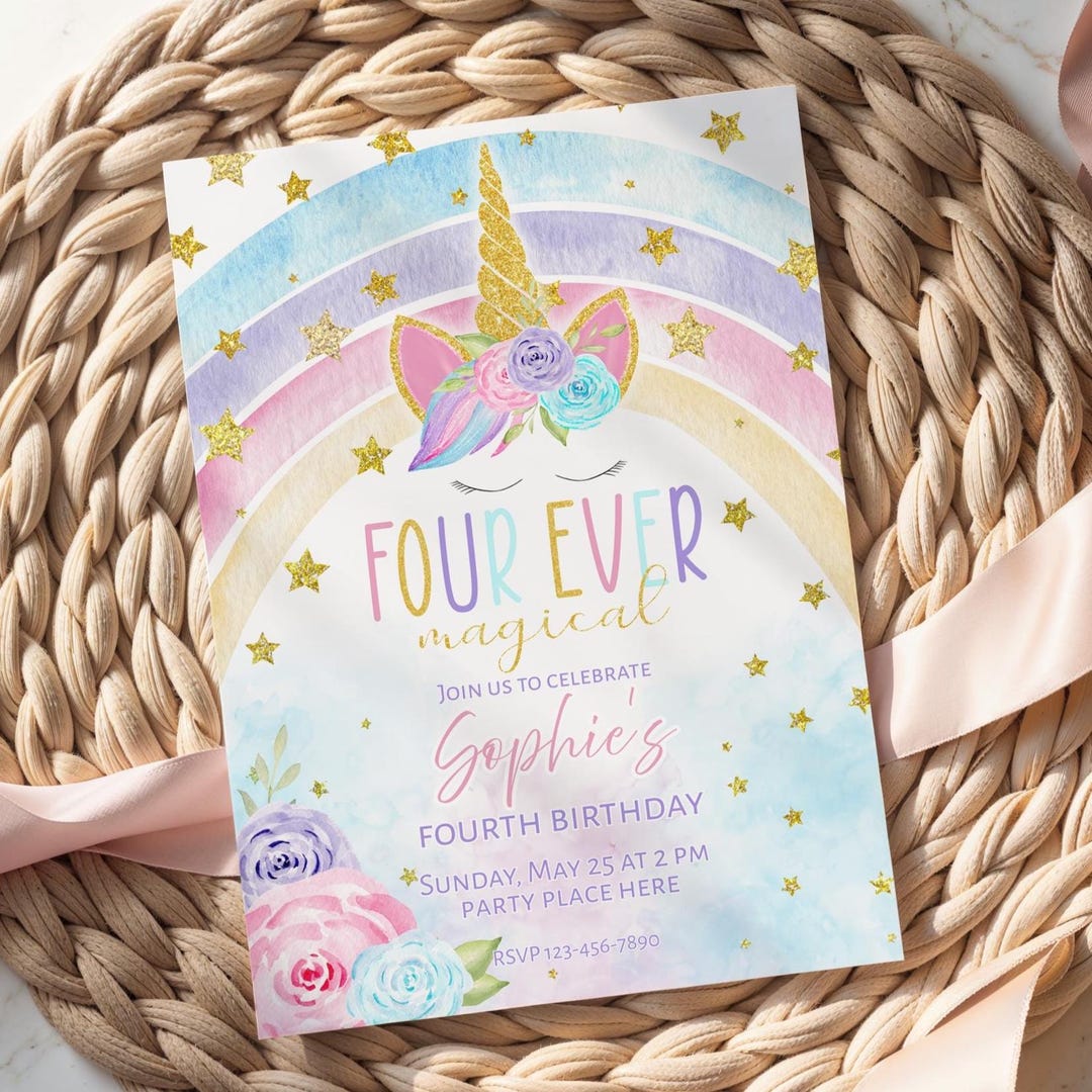 Four Ever Magical Unicorn Invitation, Editable 4th Birthday Invite ...