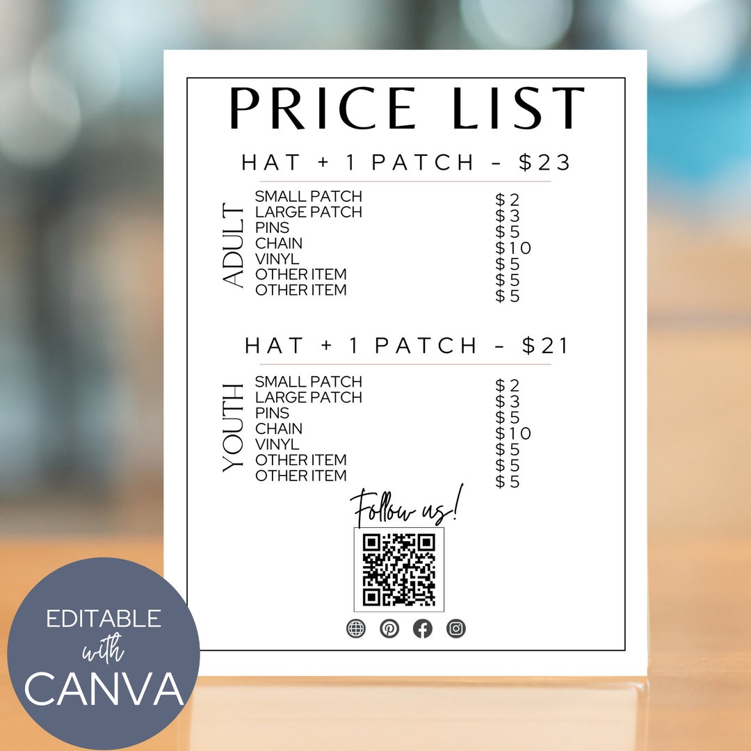 Price List for Trucker Hat Bar Editable, Customizable on Canva, Price Guide Template Printable ...