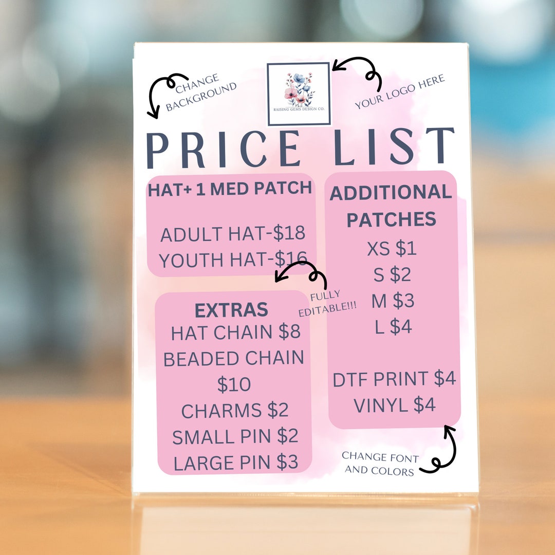 Price List for Trucker Hat Bar Editable, Customizable on Canva, Pink Price Guide Template ...