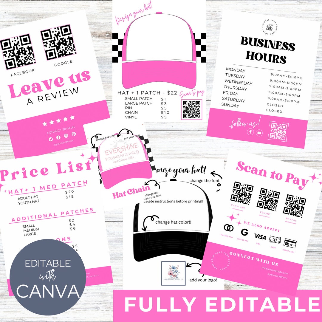 Sign Bundle for Trucker Hat Bar, QR Code Scan to Pay, Pricelist ...