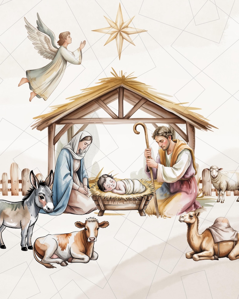 Watercolor Nativity Clipart, Sweet Christmas PNG, Rustic Holiday ...